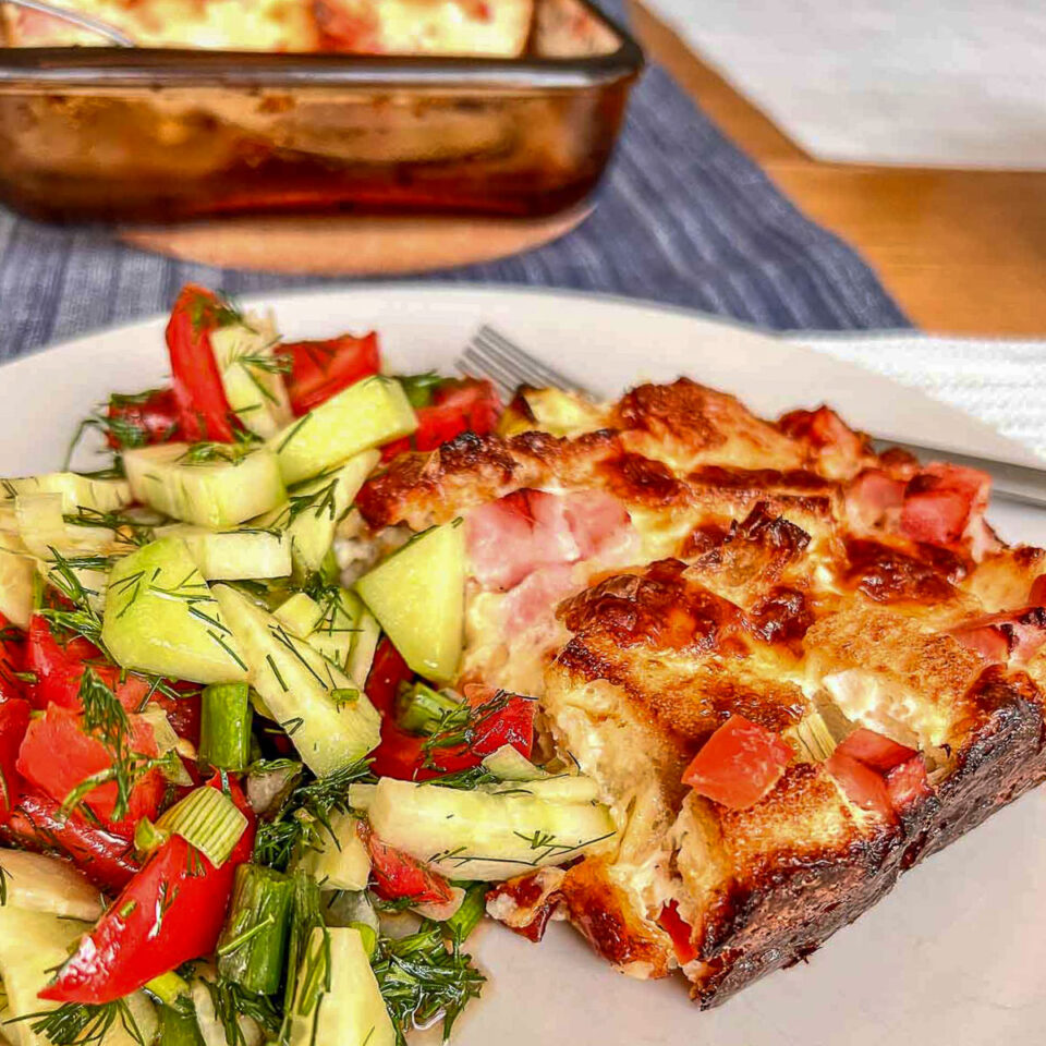 Easy Ham And Cheese Overnight Breakfast Strata Recipe - Hello Savory ...